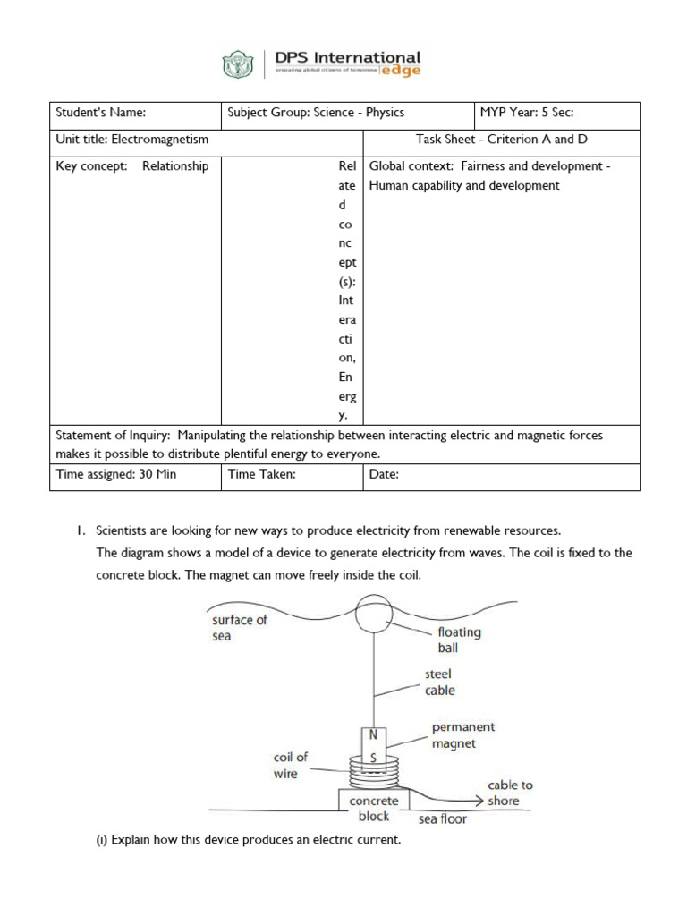 Electromagnetism Task Sheet for MYP 5 | PDF | Electricity | Electric ...