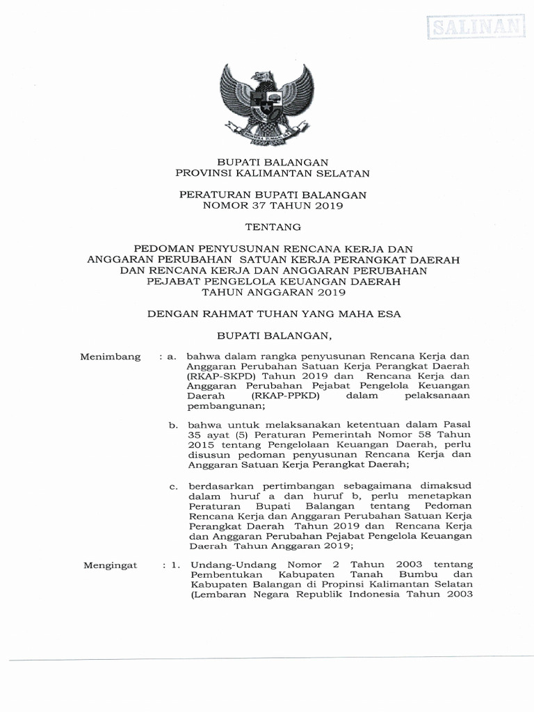 Perbup No 37 Pedoman Penyusunan Rka Perubahan SKPD Dan Rka Perubahan ...