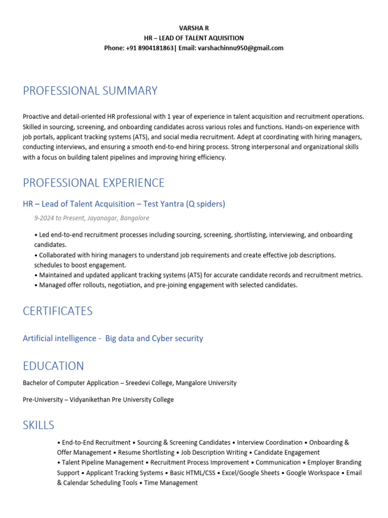 Varsha R: Talent Acquisition Lead Profile | PDF