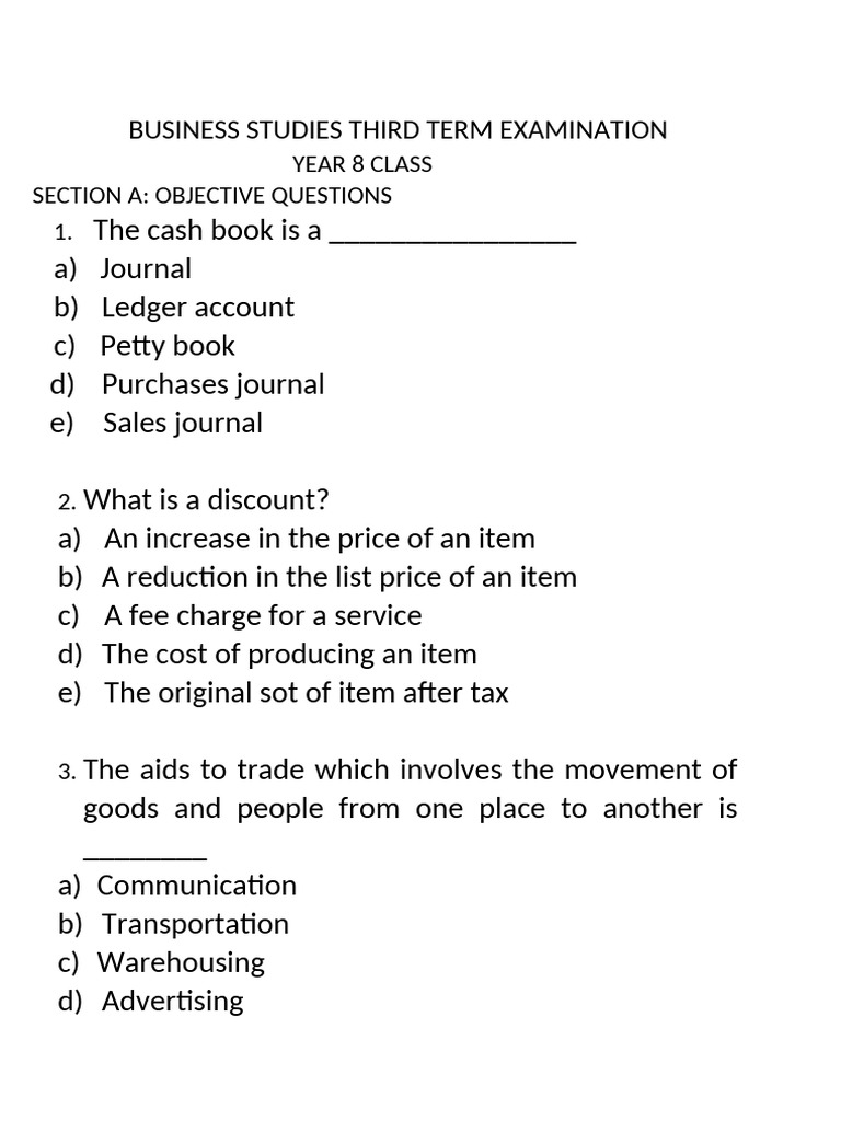 Business Studies Third Term Examination ( Year 8 ) | PDF | Debits And ...