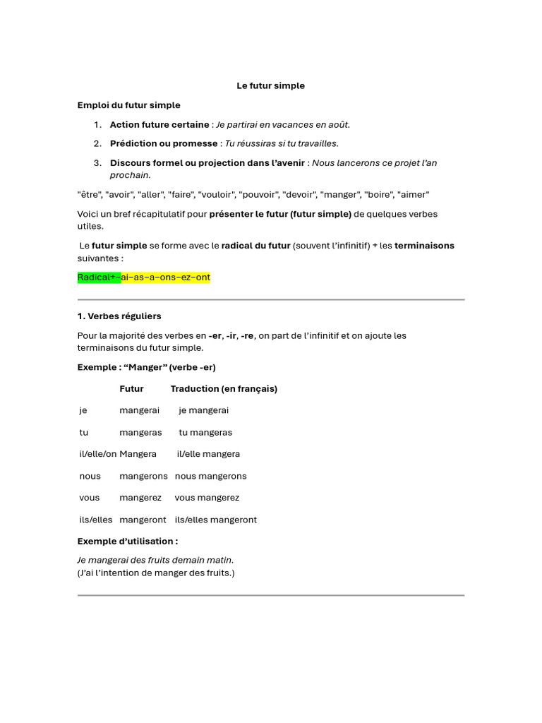 Comprendre le futur simple en français | PDF | Verbe | Vocabulaire