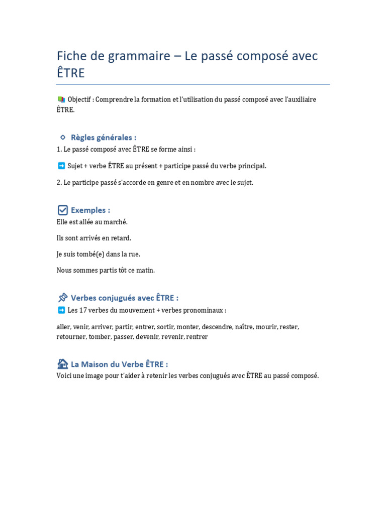Exercices sur le passé composé avec ÊTRE | PDF