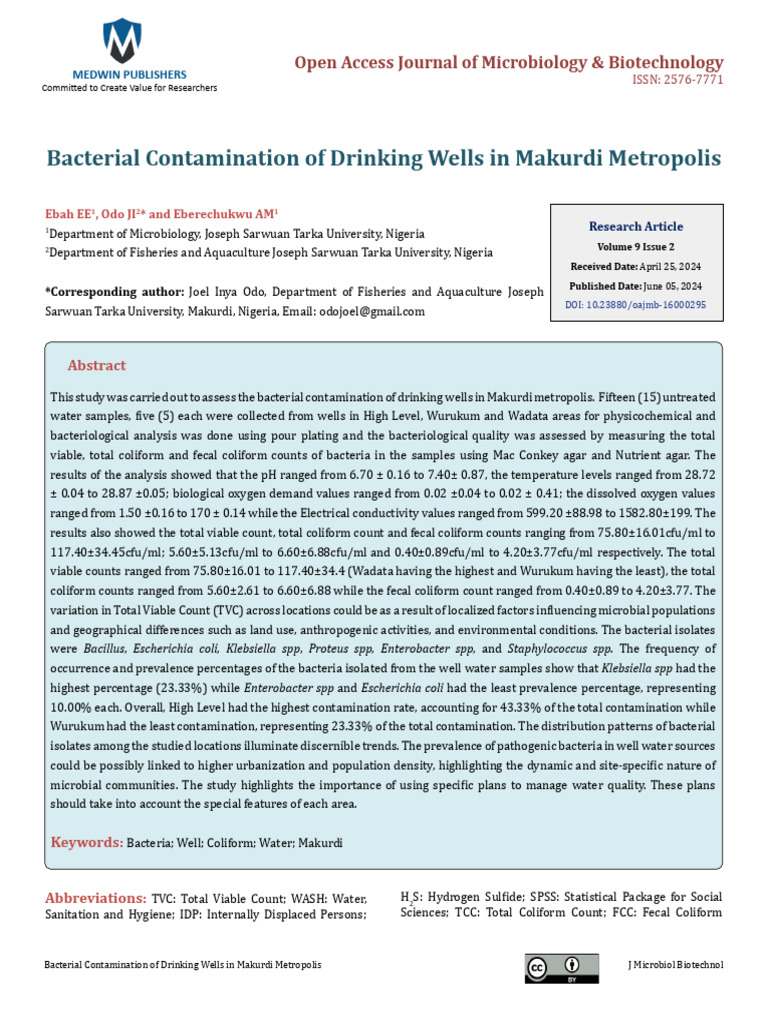 Bacterial Contamination in Makurdi Wells | PDF | Drinking Water ...