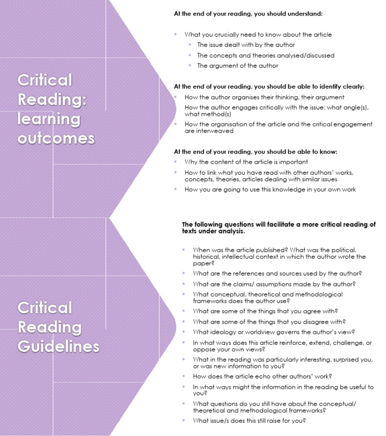 Critical Reading Outcomes and Guidelines | PDF