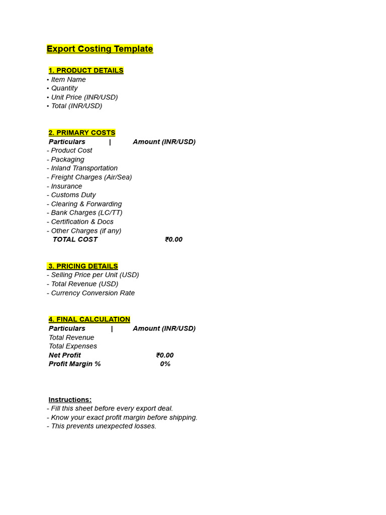 Export Costing Template Guide | PDF
