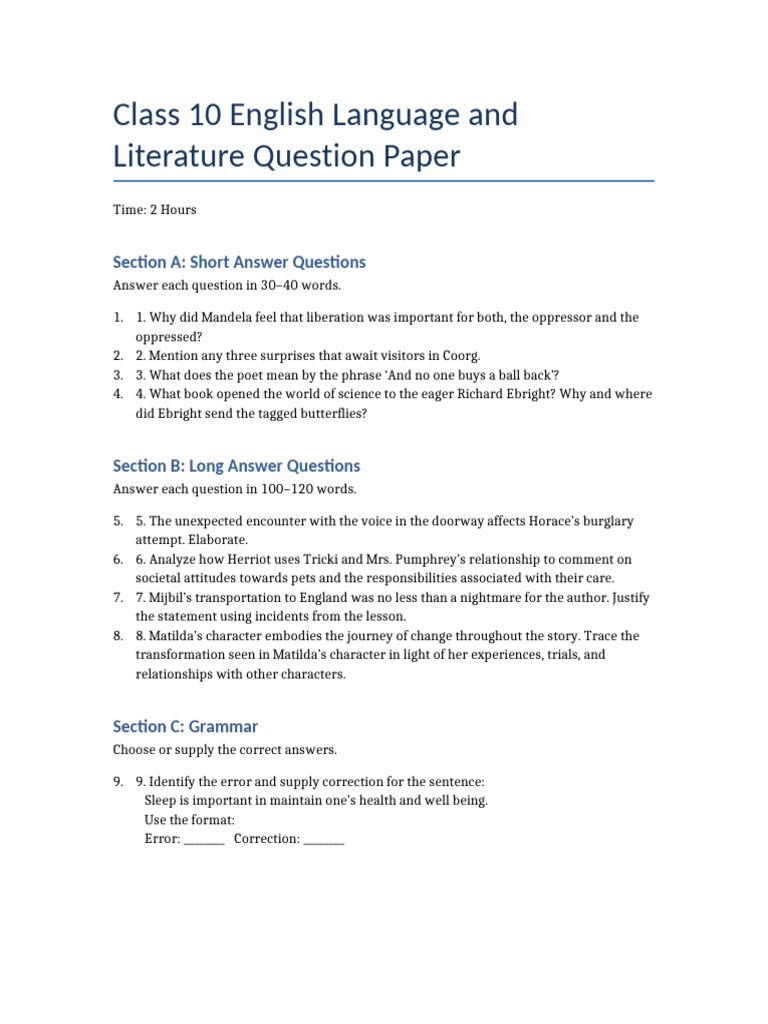 Class 10 English Question Paper (1) | PDF | Human Communication