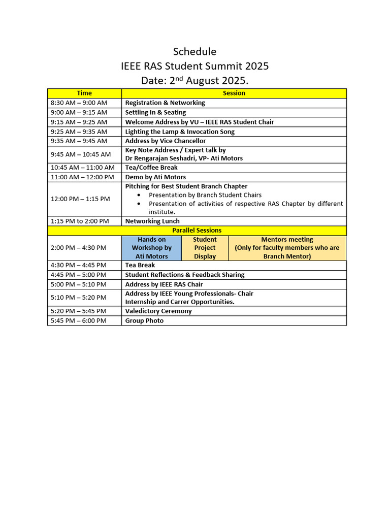 j Schedule IEEE RAS Student Summit 2025 | PDF