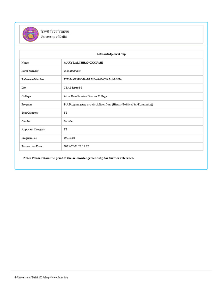 Acknowledgement Slip for B.A Program | PDF