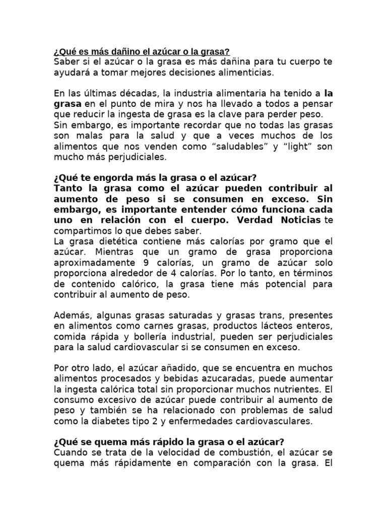 Qué Es Más Dañino El Azúcar o La Grasa | PDF | gordo | Alimentos
