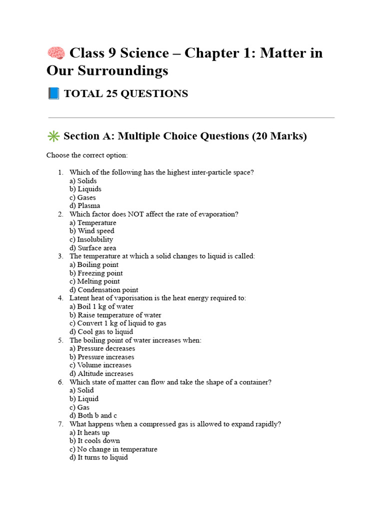 ? Class 9 Science Worksheet Maater in Our Surrounding | PDF | Liquids | Gases