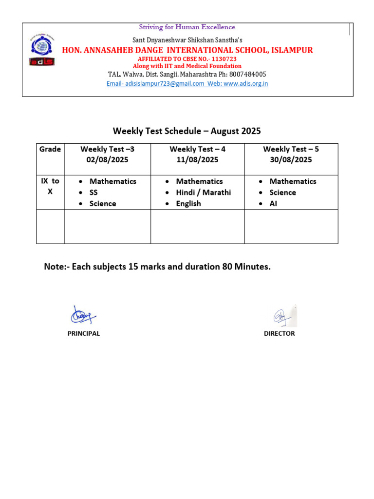 Weekly Test Schedule for August 2025 | PDF