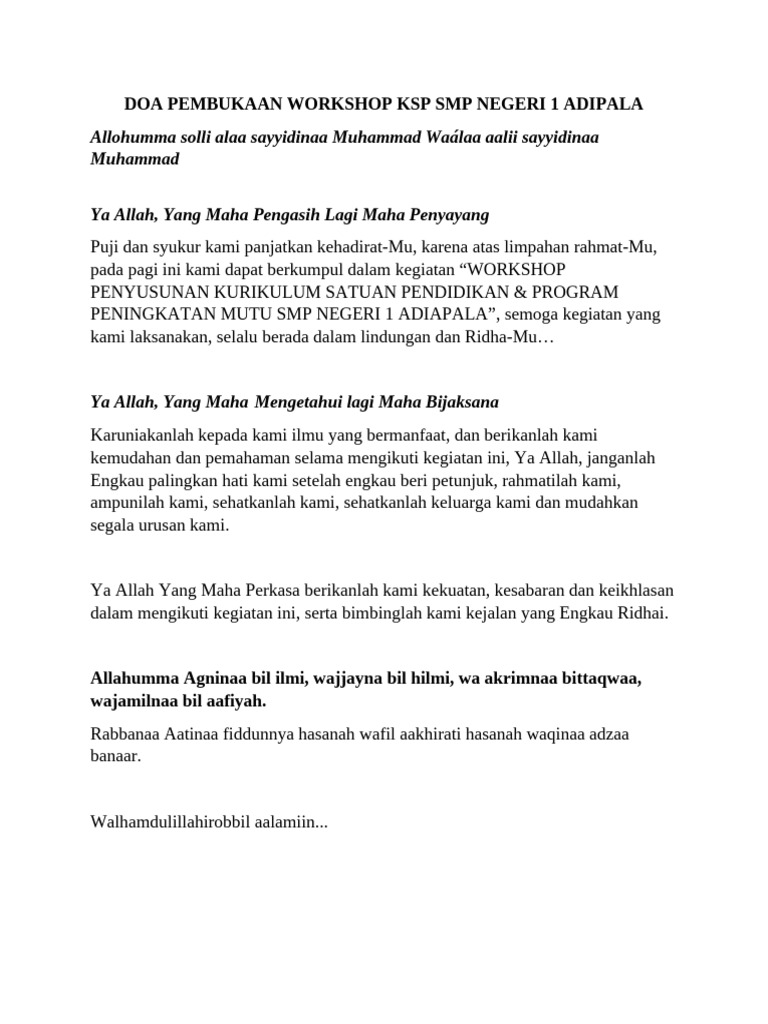 Doa Pembukaan Workshop Ksp Smp Negeri 1 Adipala | PDF