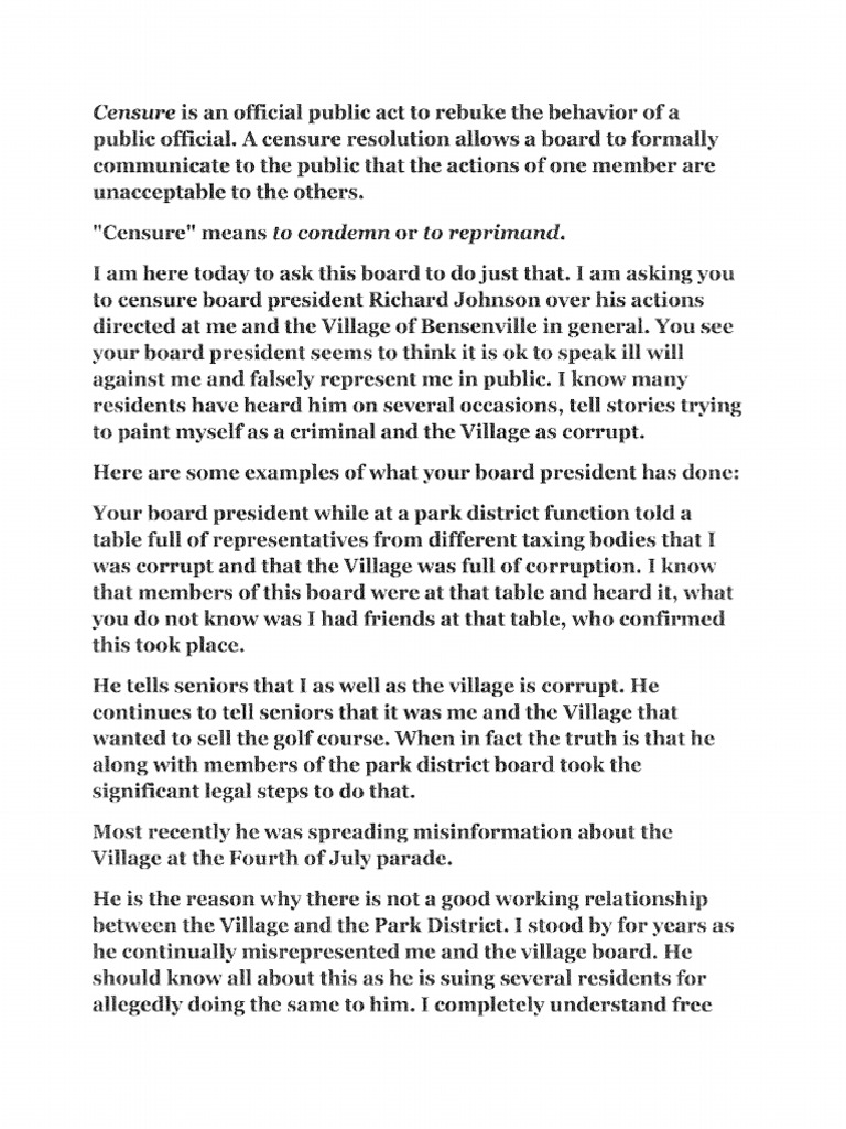 Frank DeSimone Comment at Bensenville Park District Meeting | PDF