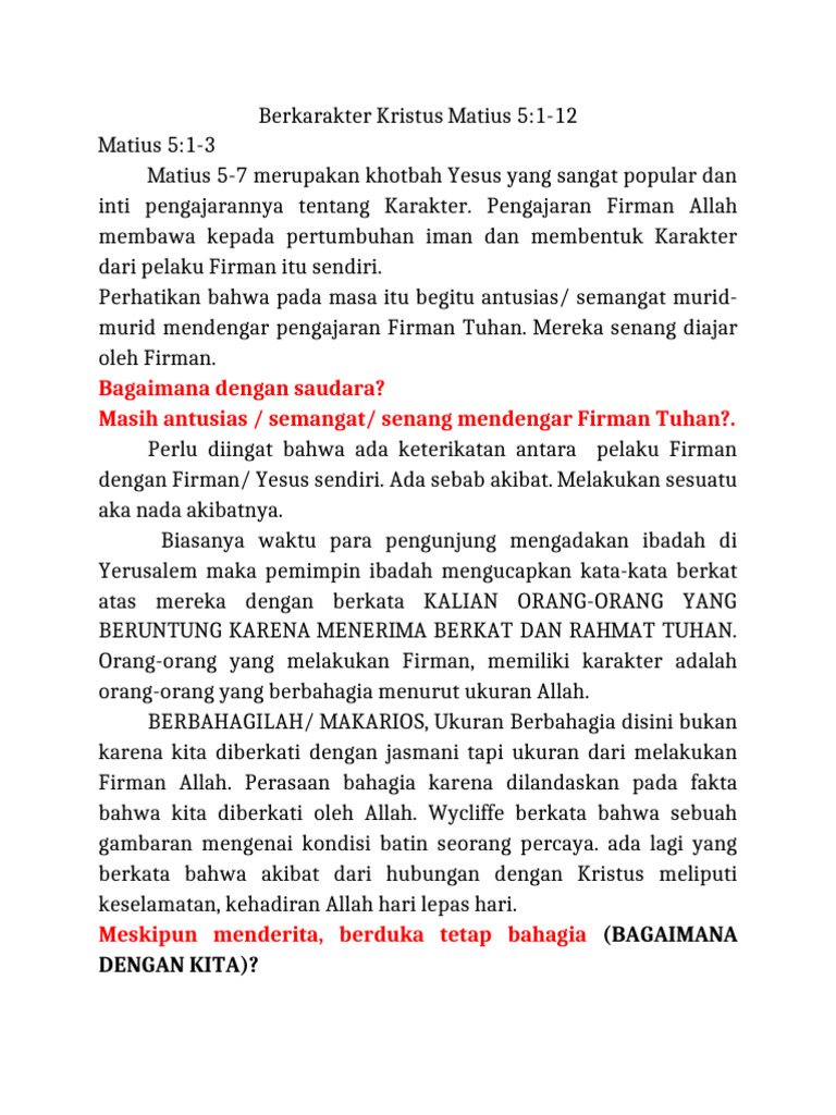 Karakter Kristus dalam Matius 5:1-12 | PDF