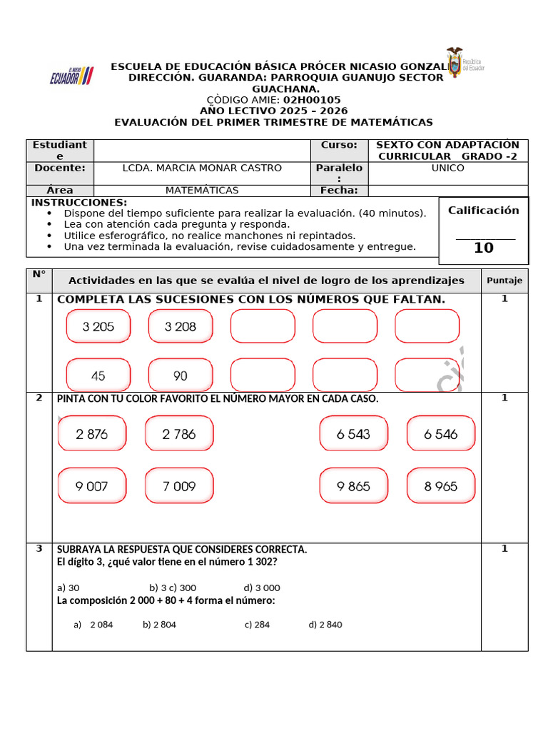 Evaluación de Lengua y Matemáticas 6to EGB | PDF | Organismos | Biología
