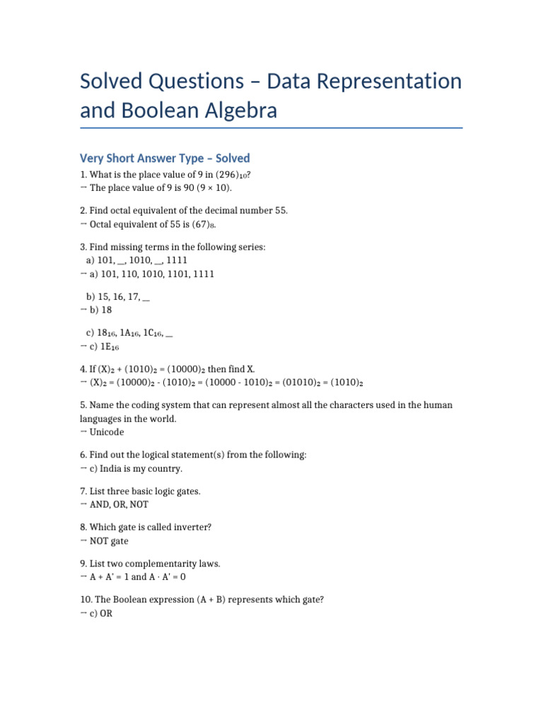 Data Representation Boolean Algebra Solved | PDF | Logic Gate | Boolean Algebra