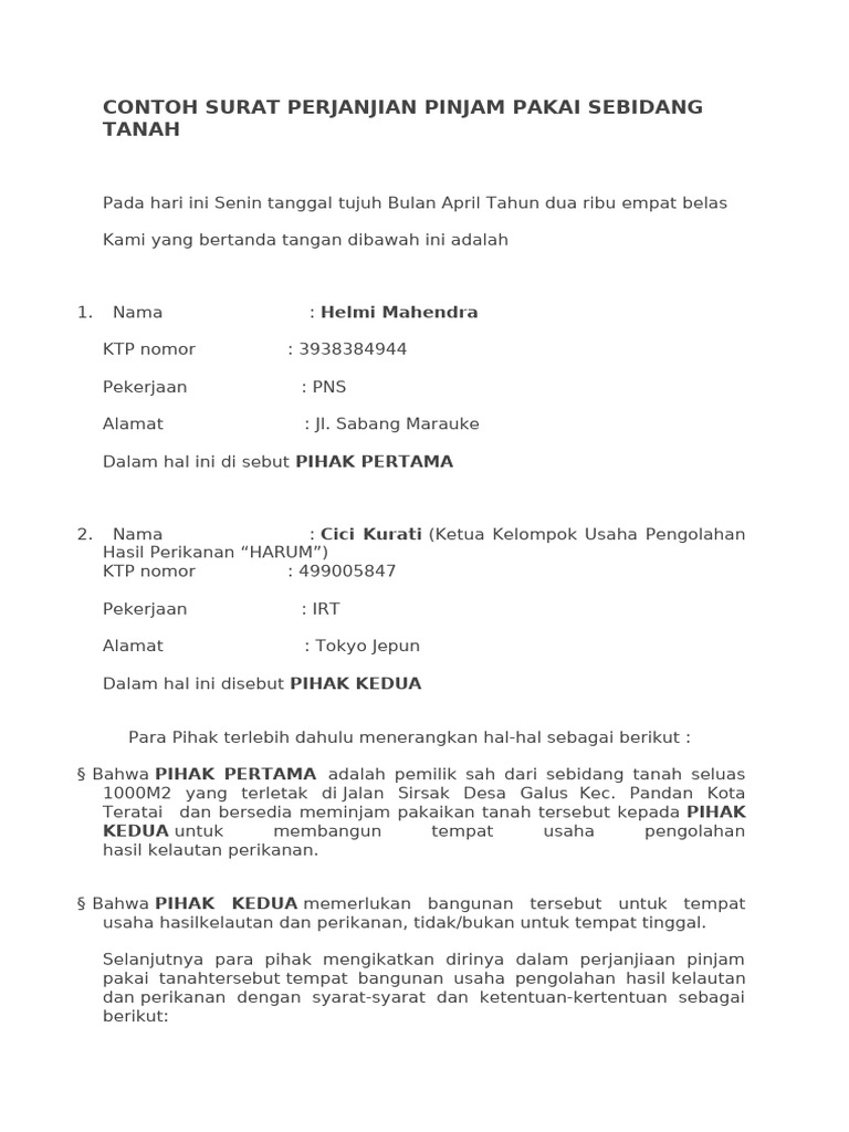 Contoh Surat Perjanjian Pinjam Tanah | PDF