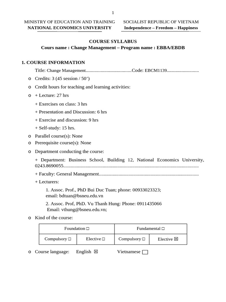 Change Management Course Syllabus | PDF | Learning