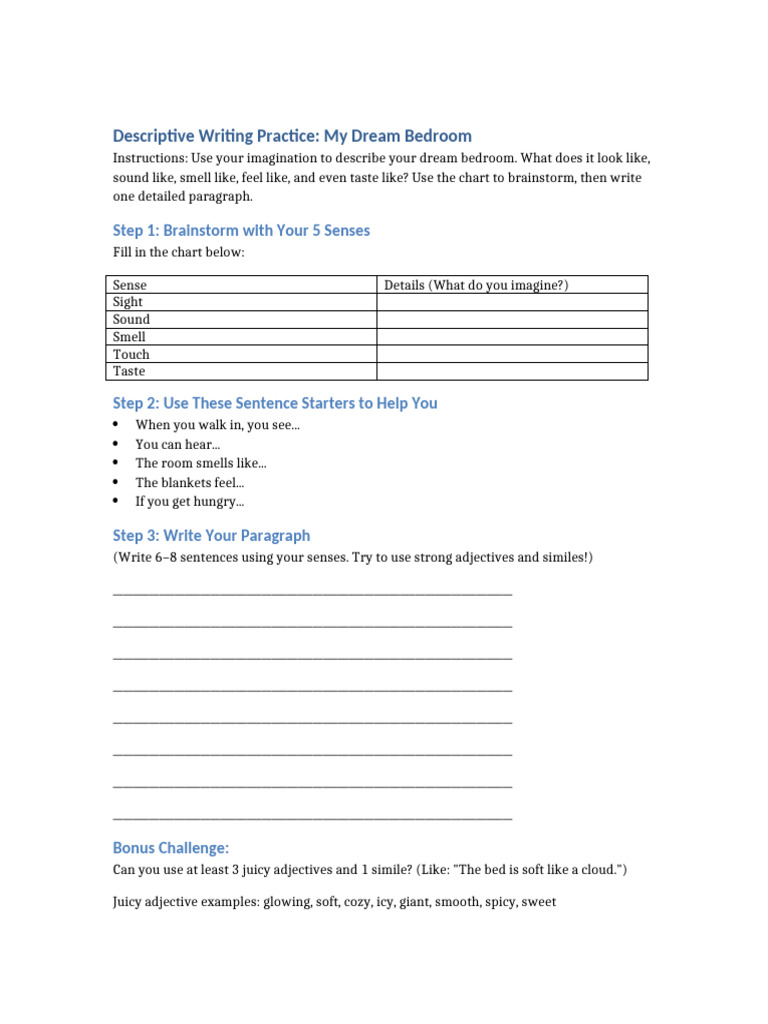 Descriptive Writing Worksheet | PDF