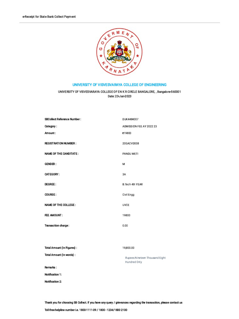 Collage Fee Payment Receipt | PDF