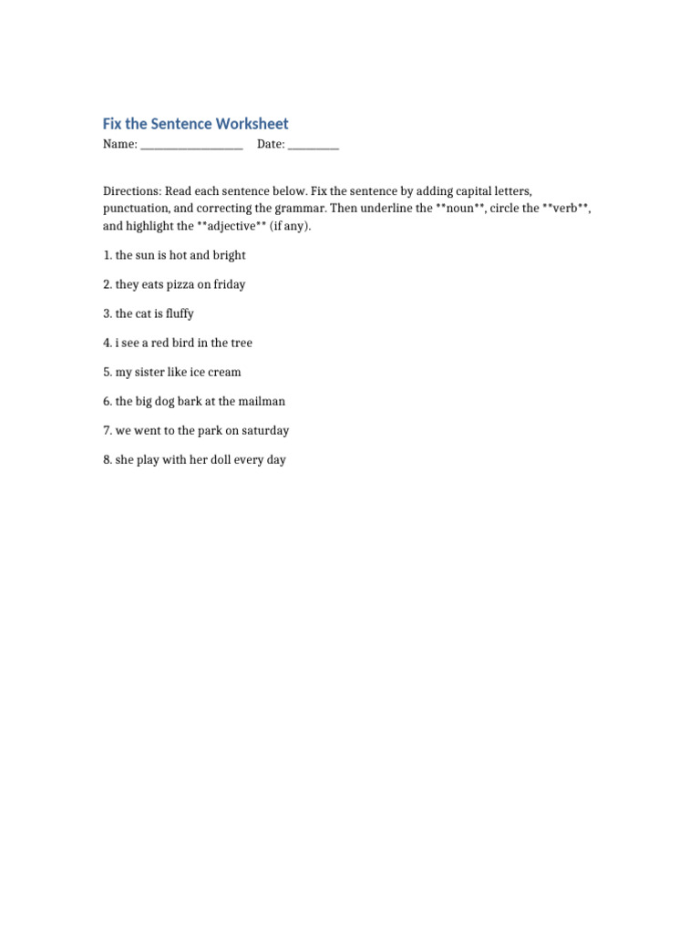 Fix The Sentence Worksheet 2nd Grade | PDF