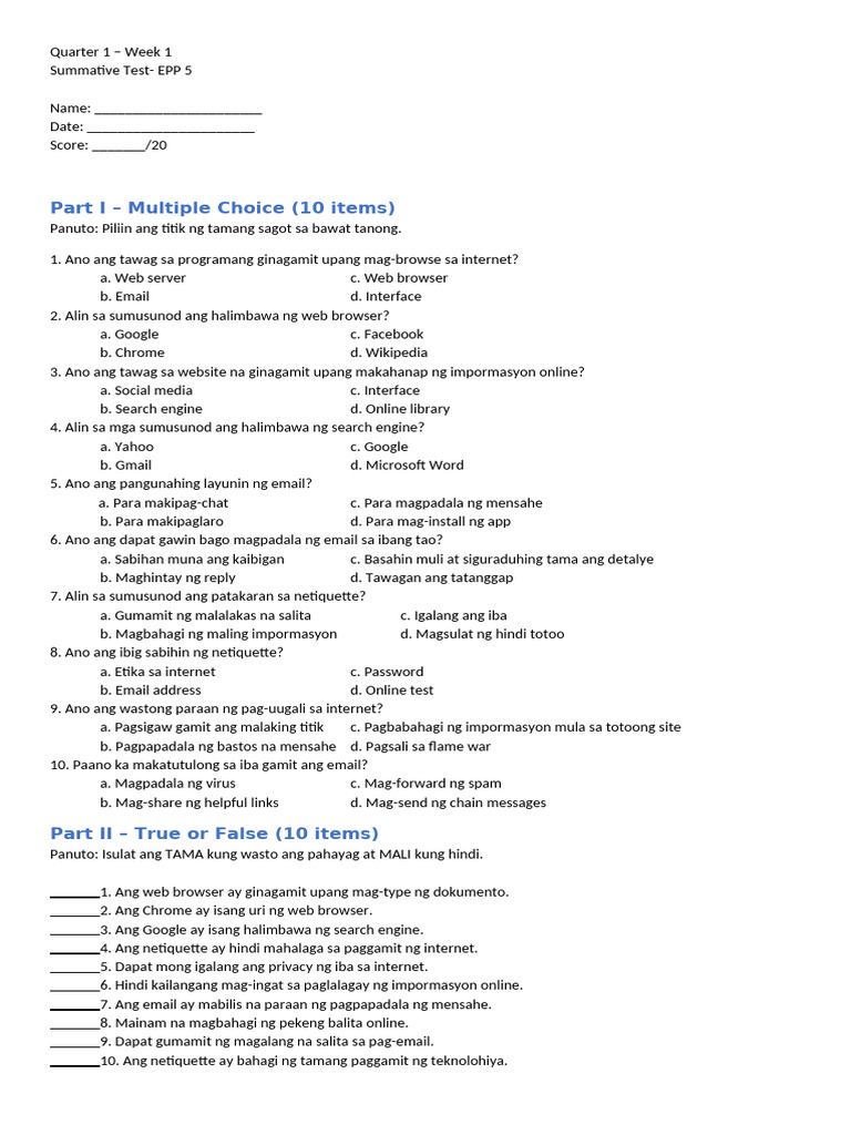 Grade 5 Epp Summative Week 1 and 2 | PDF