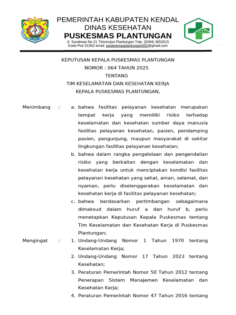 Tim K3 Puskesmas Plantungan 2025 | PDF