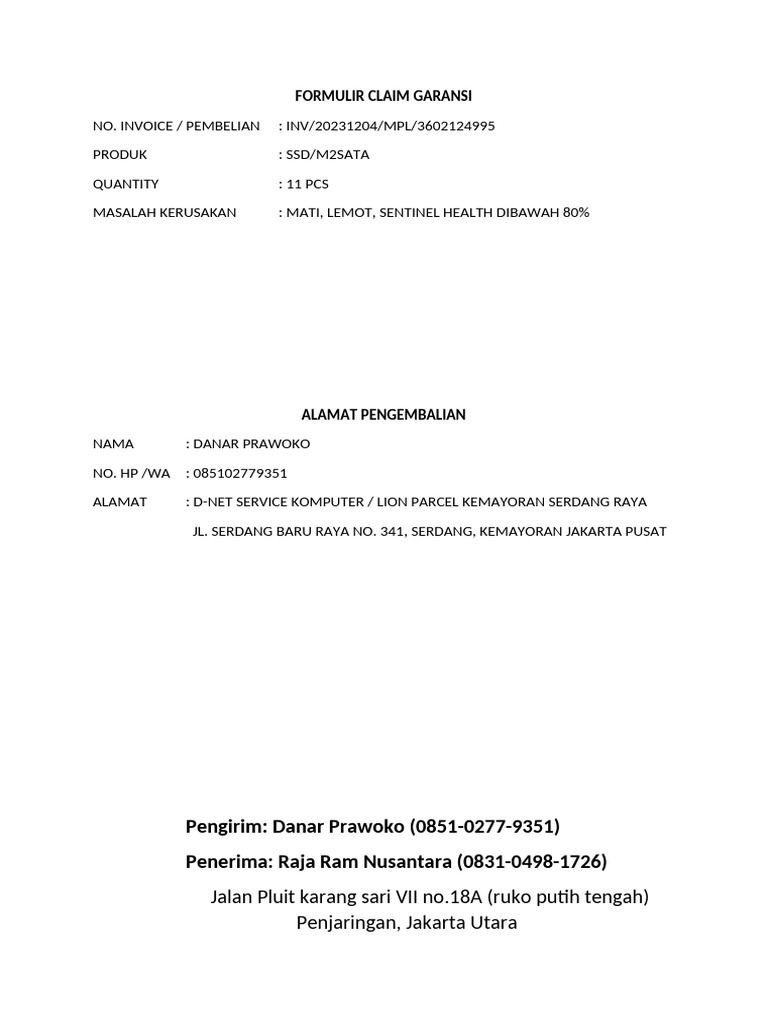 Format Kartu Garansi SSD M2SATA | PDF