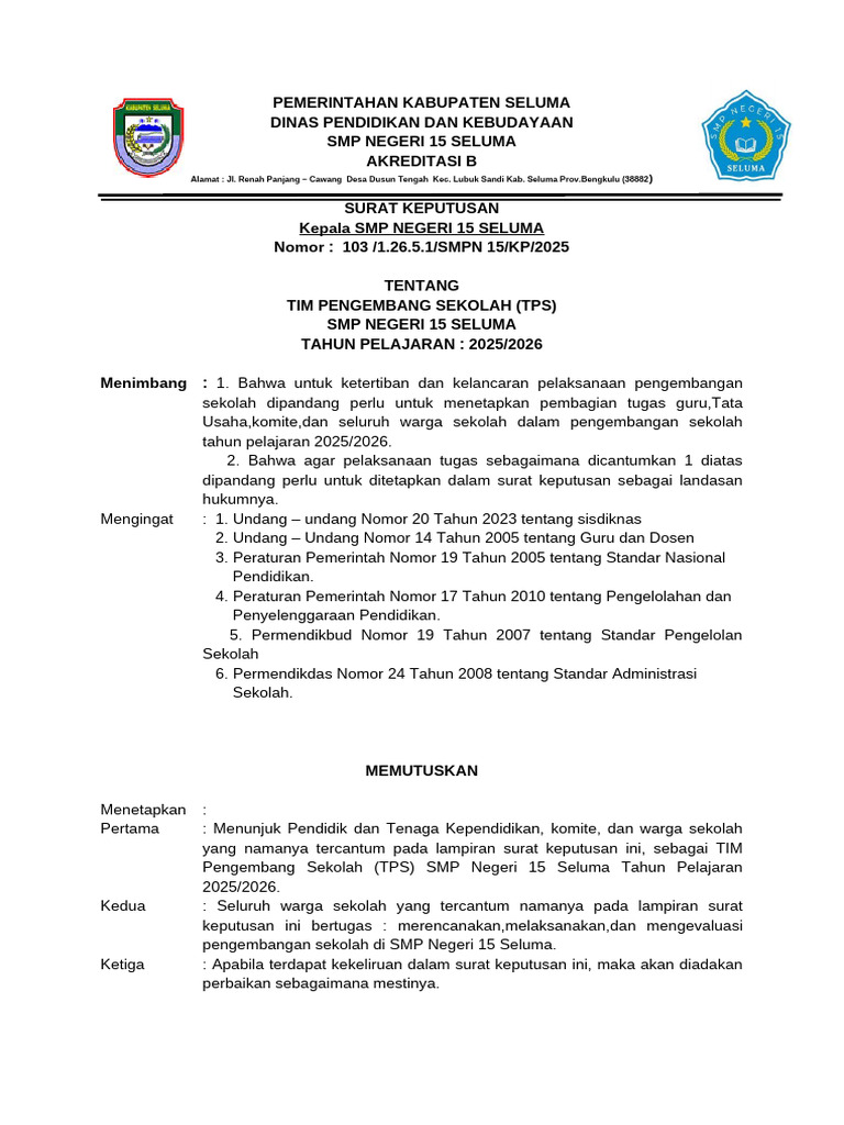 Tim Pengembang Sekolah SMP 15 Seluma 2025 | PDF
