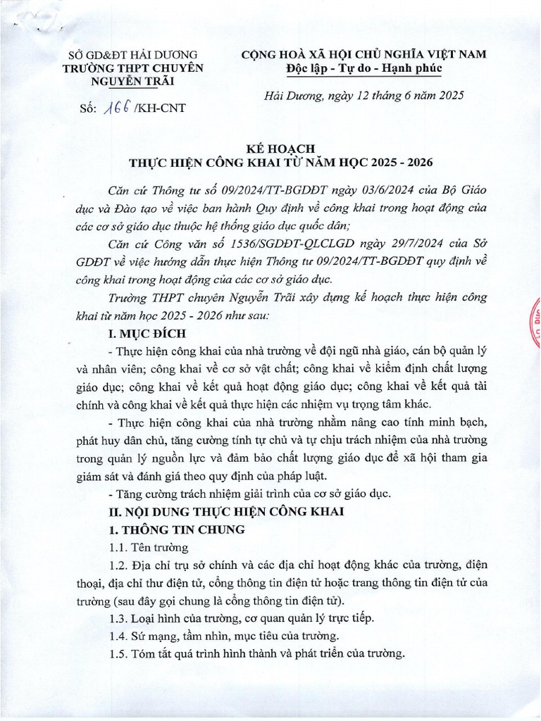 Ke Hoach Thuc Hien Cong Khai 2025 2026 | PDF