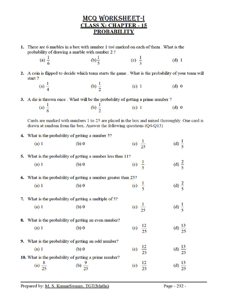 PROBABILITY-WORKSHEET Maths Grade 10 CBSE | PDF
