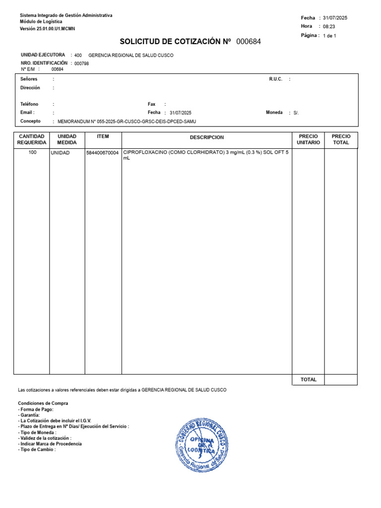 Solicitud de Cotización para Salud Cusco | PDF