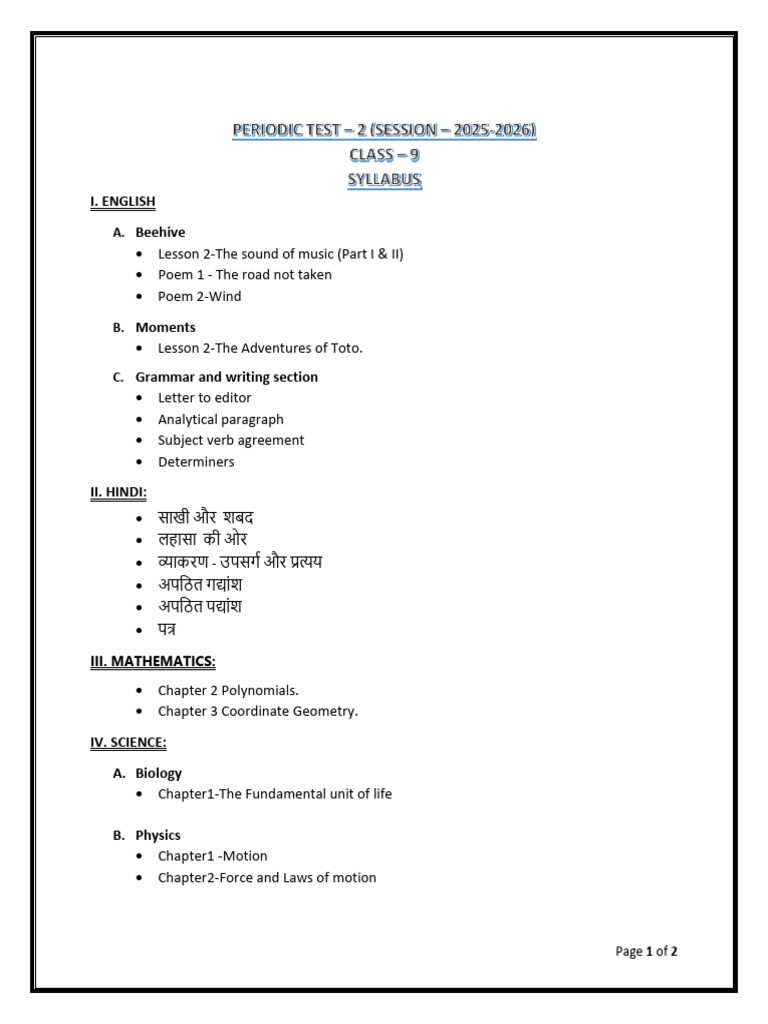 Class 9 PT2 Syllabus | PDF