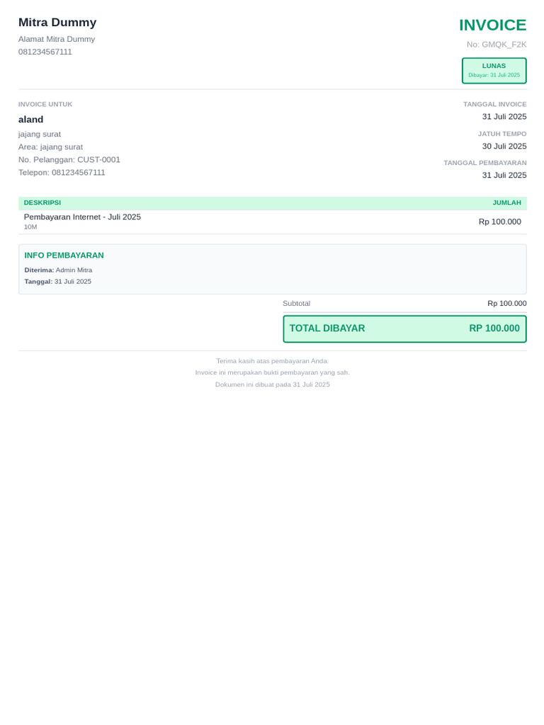 Invoice Pembayaran Internet Juli 2025 | PDF