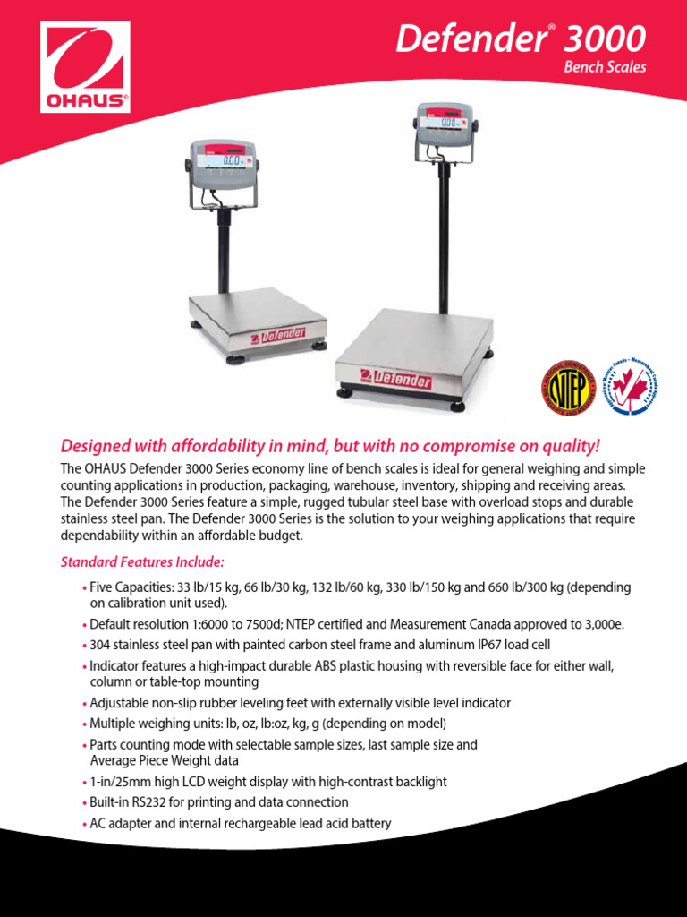 Defender 3000 Bench Scales (D31P) Datasheet US 80774284 J | PDF