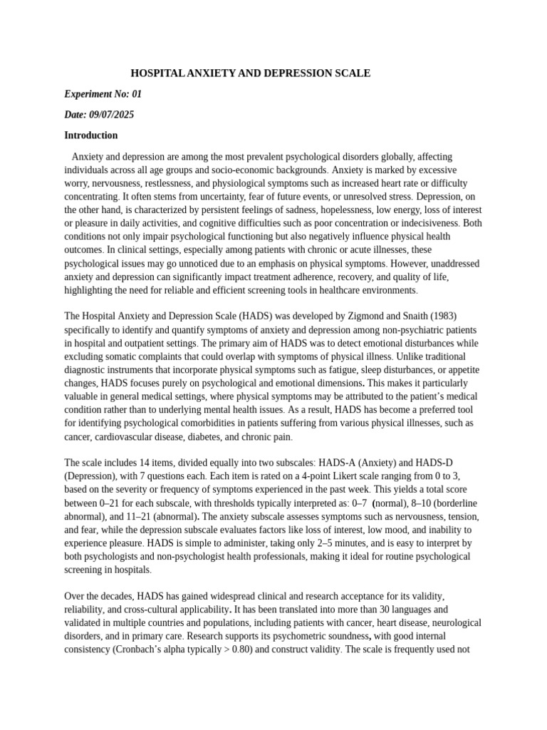 Hads Prac 2 | PDF | Major Depressive Disorder | Anxiety