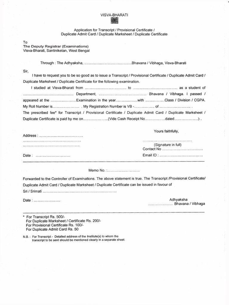 Application For Transcript Provisional Certificate Duplicate Admit ...