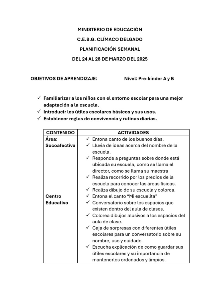 PlanificaciÃ N Primera Semana | PDF | Salón de clases | Escuelas