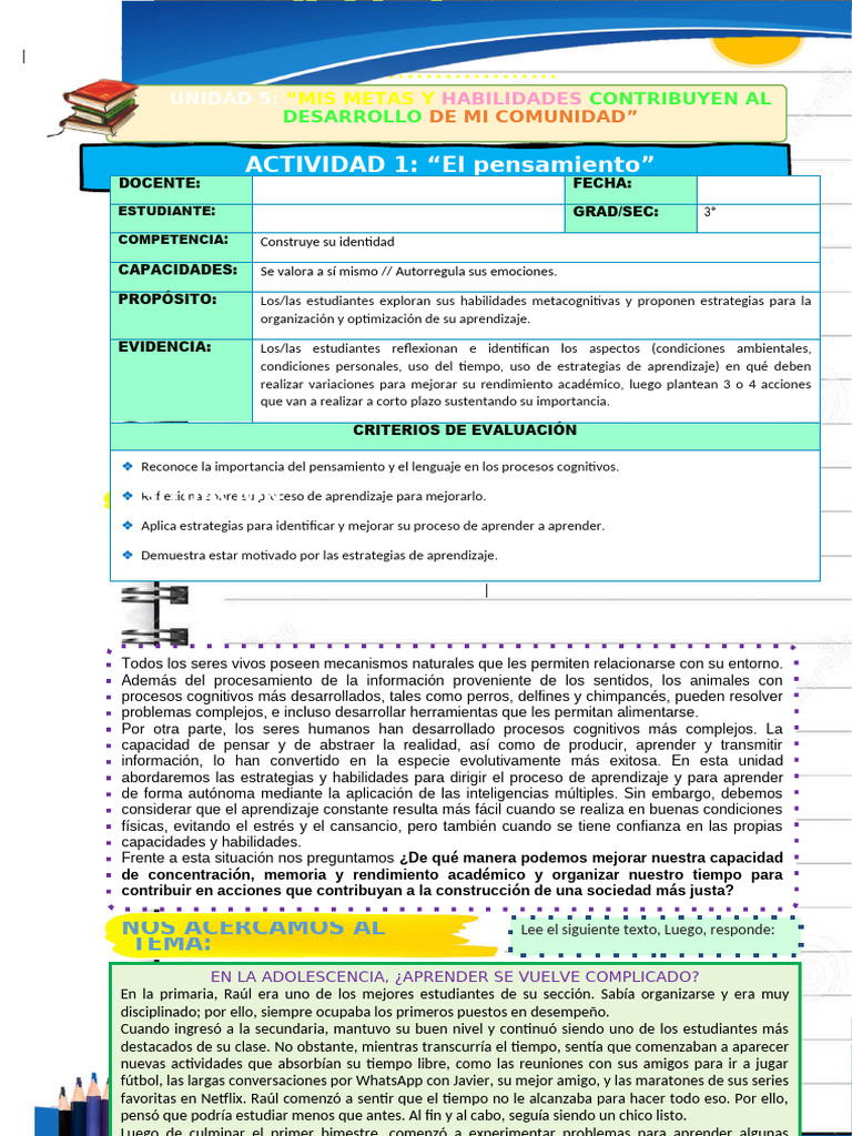 02. Ficha de actividad S1 (U5) (3° grado) - DPCC | PDF | Pensamiento | Aprendizaje