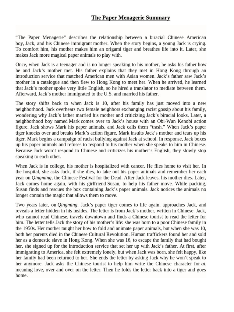 Summary of "The Paper Menagerie" | PDF