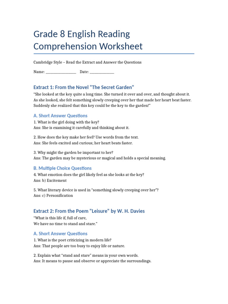 Grade 8 English Reading Comprehension Worksheet | PDF