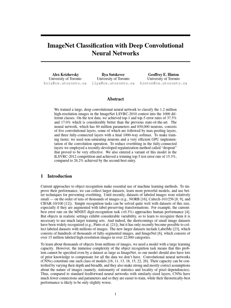 NIPS 2012 Imagenet Classification With Deep Convolutional Neural Networks Paper | PDF | Machine ...