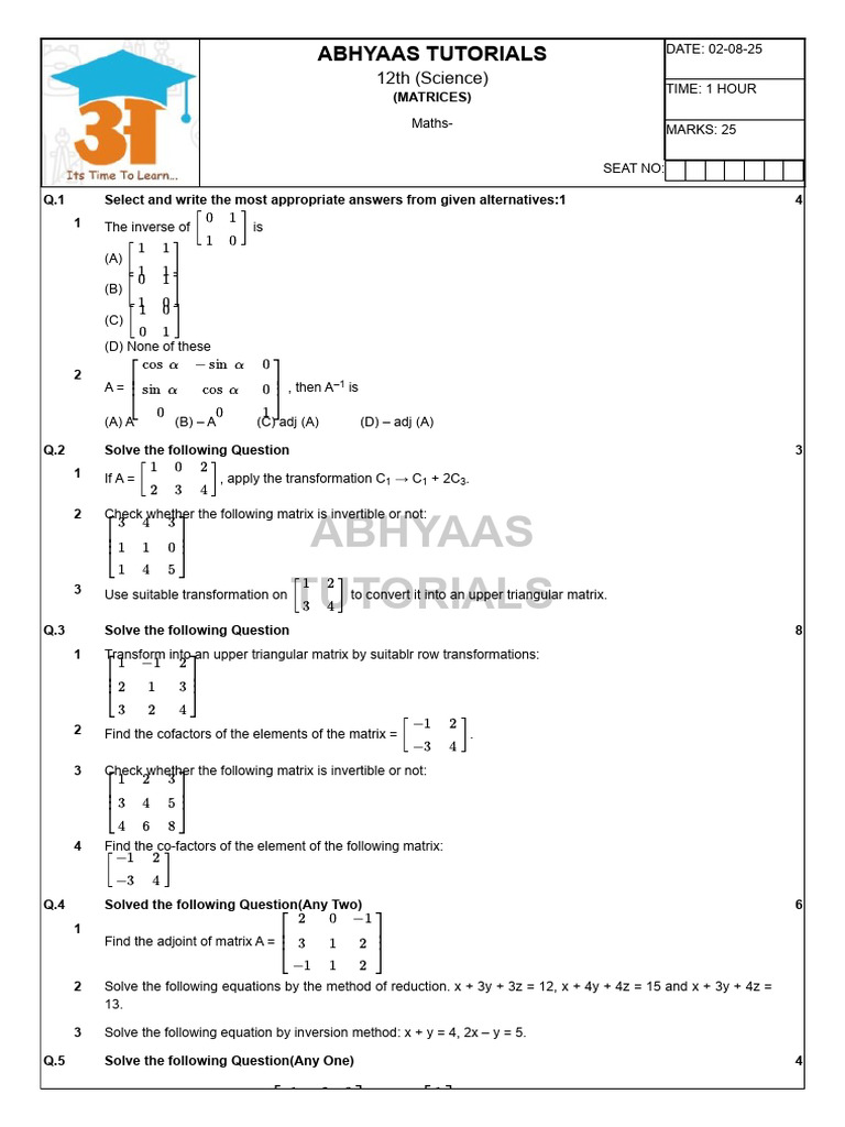 12th Science Maths: Matrices Exam Paper | PDF | Matrix (Mathematics ...