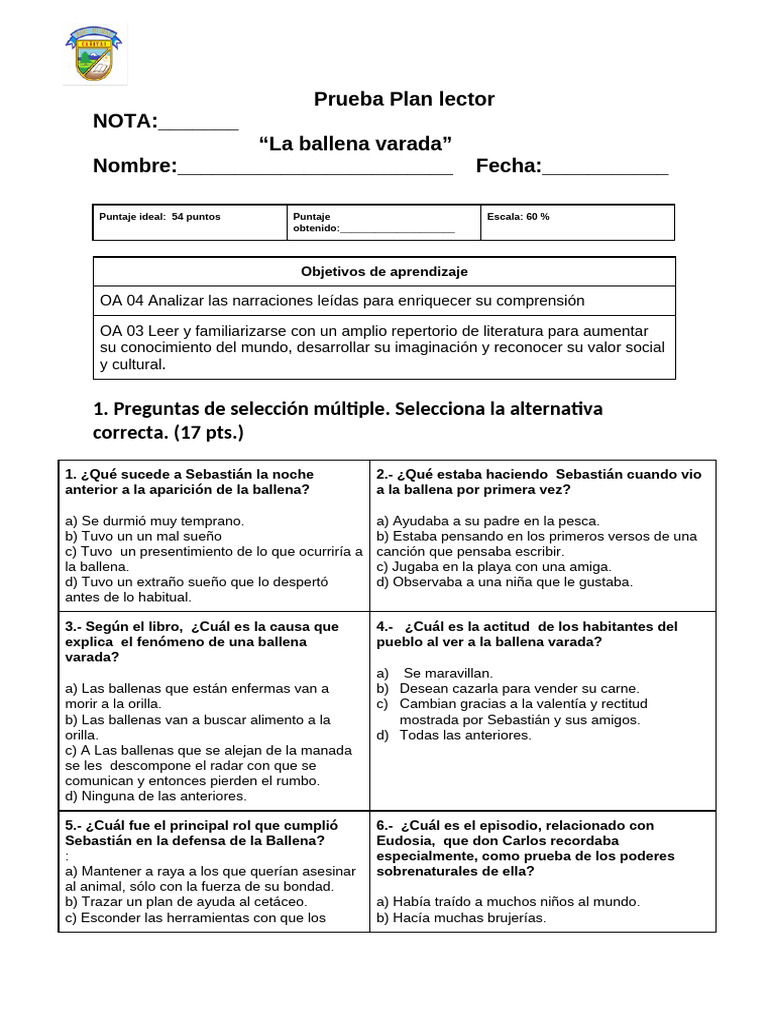 Evaluación La ballena Varada 6° (1) | PDF
