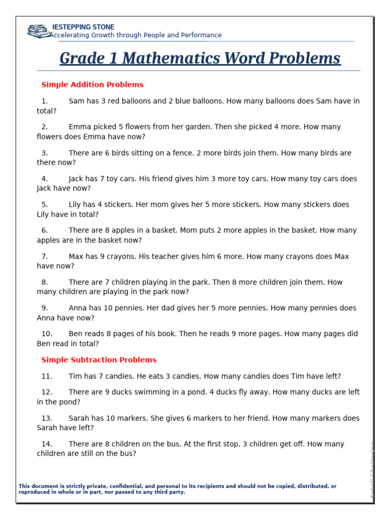 Grade 1 Math Word Problems | PDF