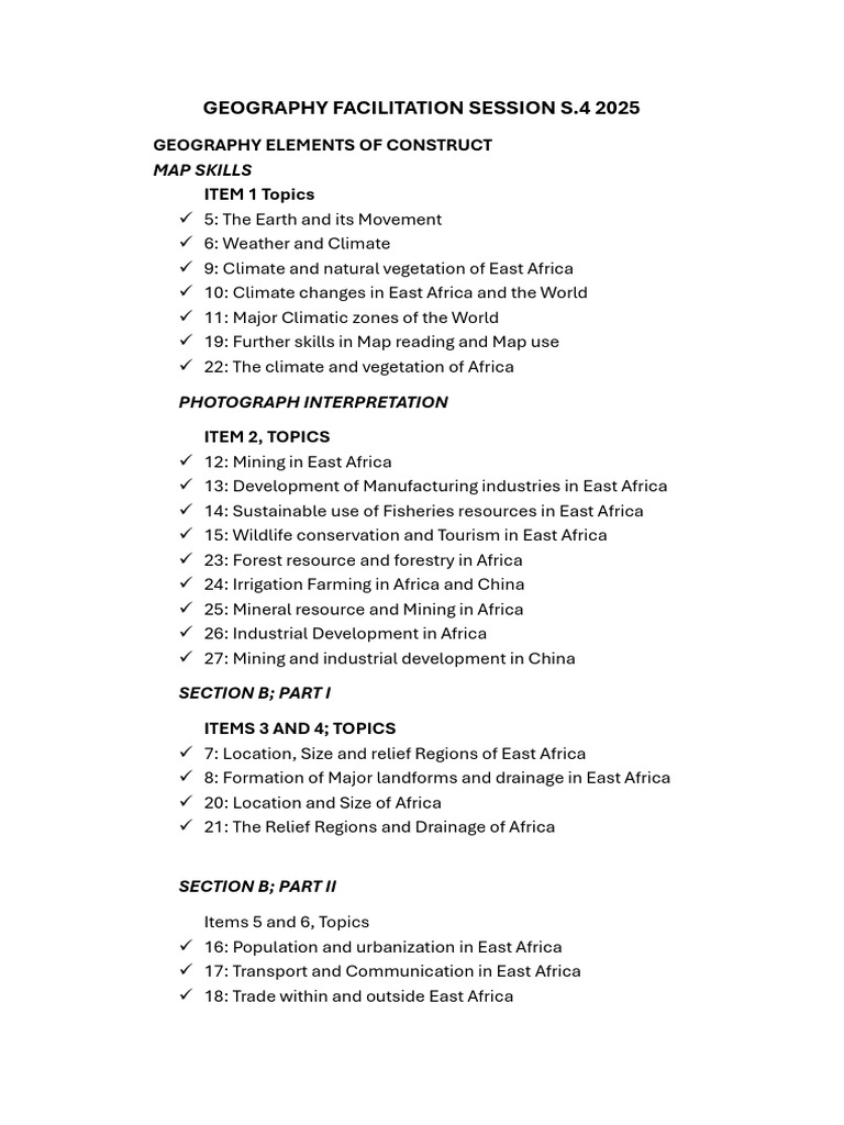 Geography Facilitation S.4 2025 Overview | PDF | Geography | Urbanization