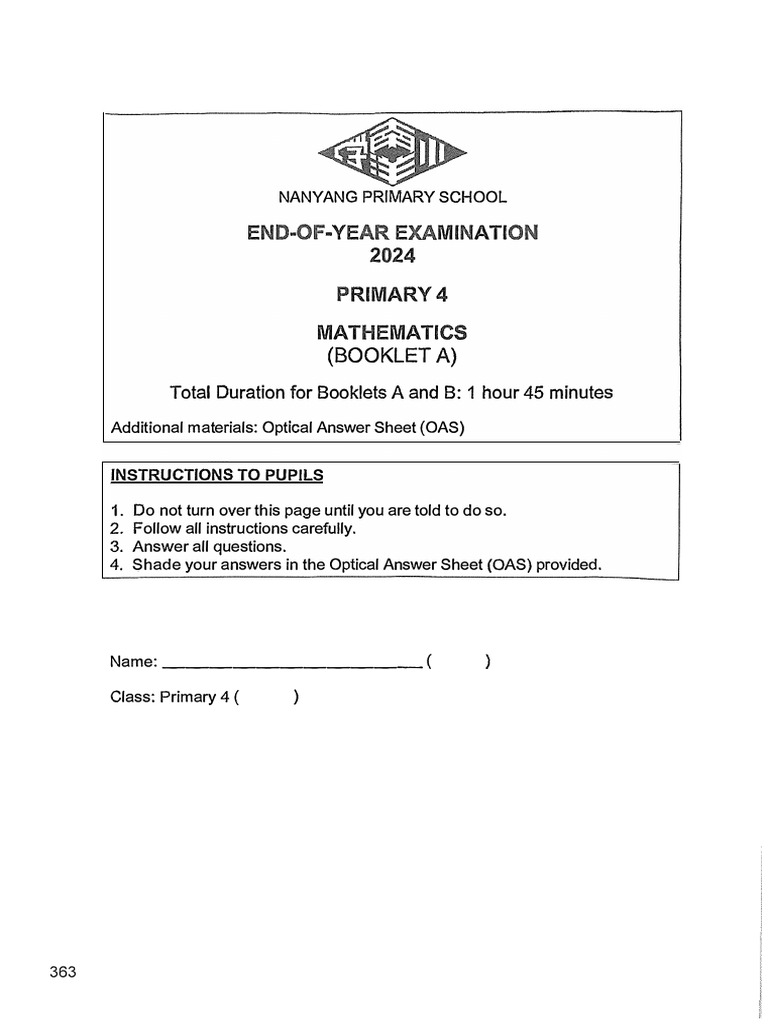 P4 Maths EOY 2024 Nanyang Exam Papers | PDF | Chess Theory | Chess