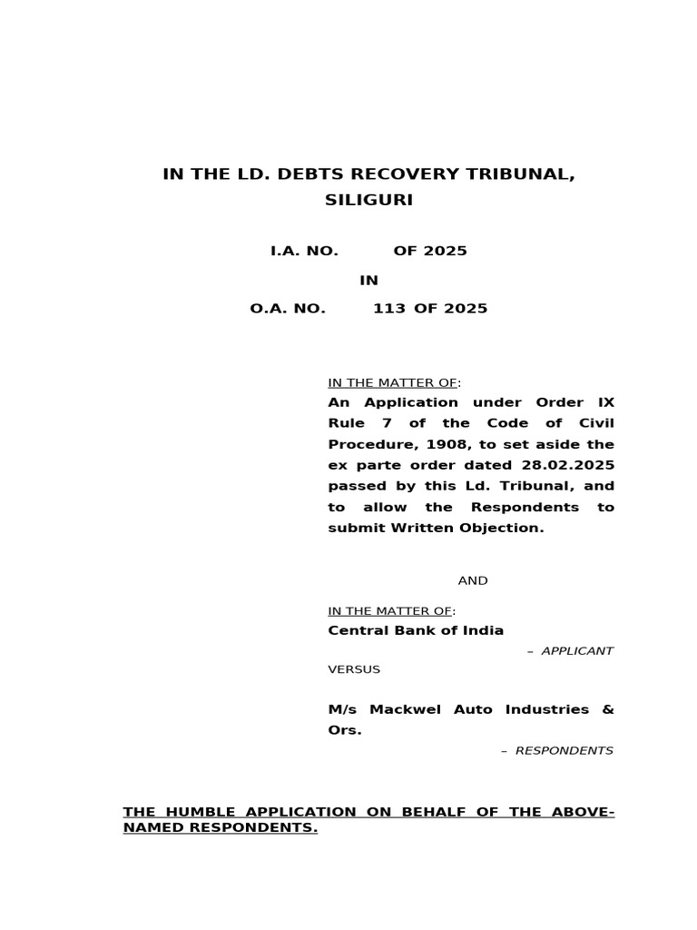 Application To Set Aside Ex Parte Order | PDF | Affidavit | Legal Procedure