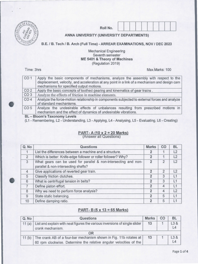 Mechanical Engineering Exam Answers | PDF | Belt (Mechanical) | Gear