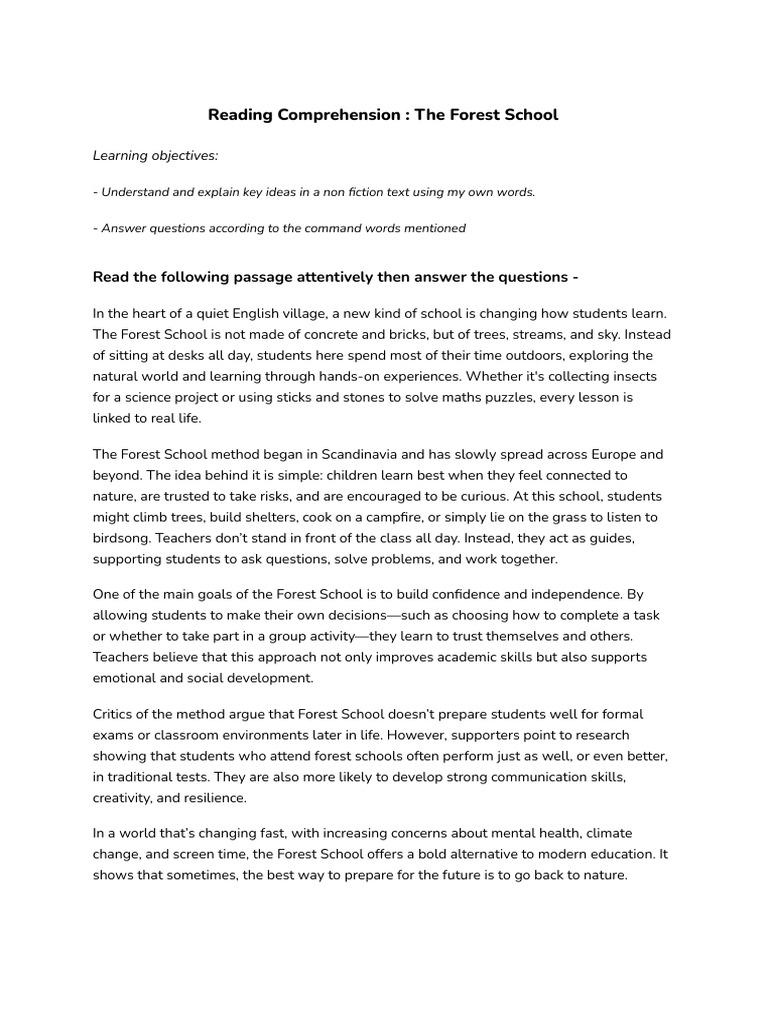 Reading Comprehension - The Forest School | PDF | Reading Comprehension ...